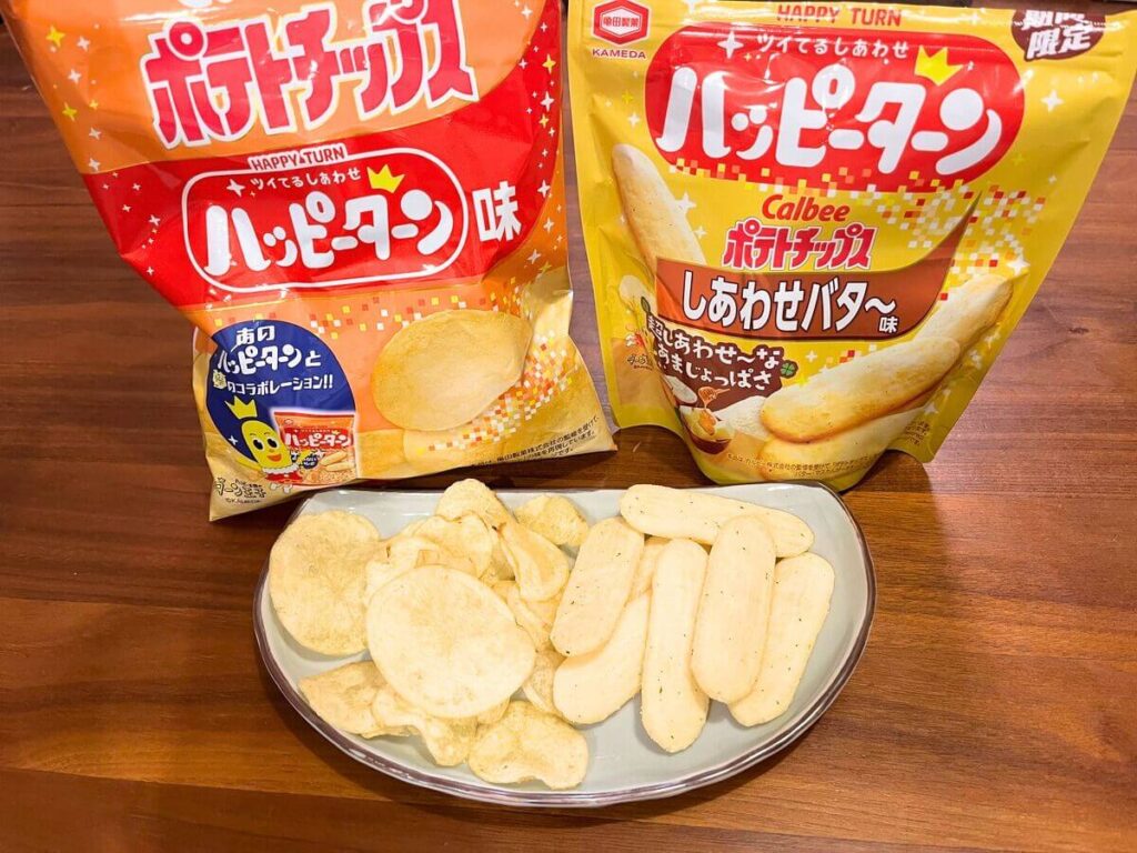 Japanese Snack Foods Calbee Potato Chips and Kameda Seika Happy Turn ...